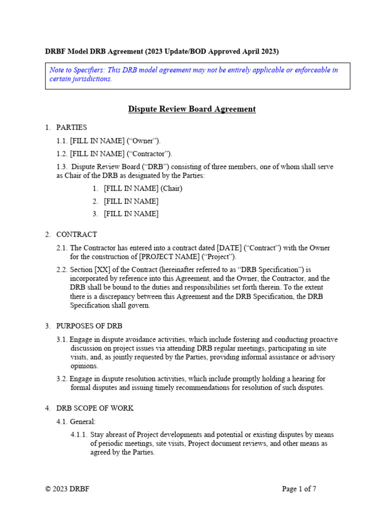 DRBF Model Documents DRB Agreement April 2023 | PDF | Indemnity | Justice