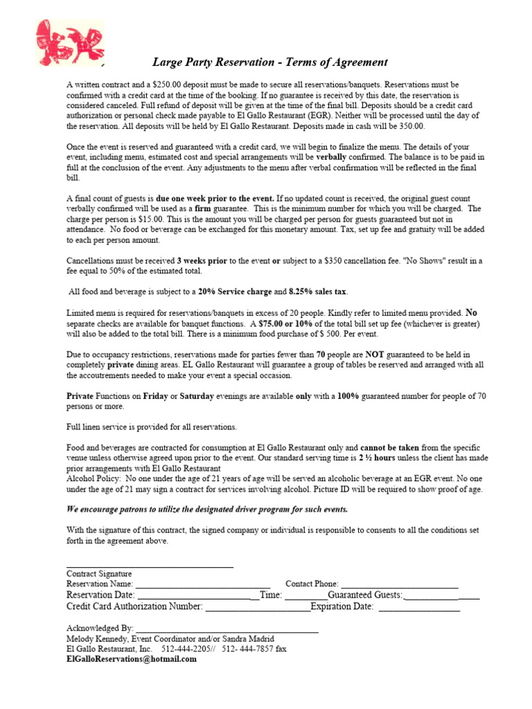 Large Party Reservation Agreement | PDF | Fee | Credit Card