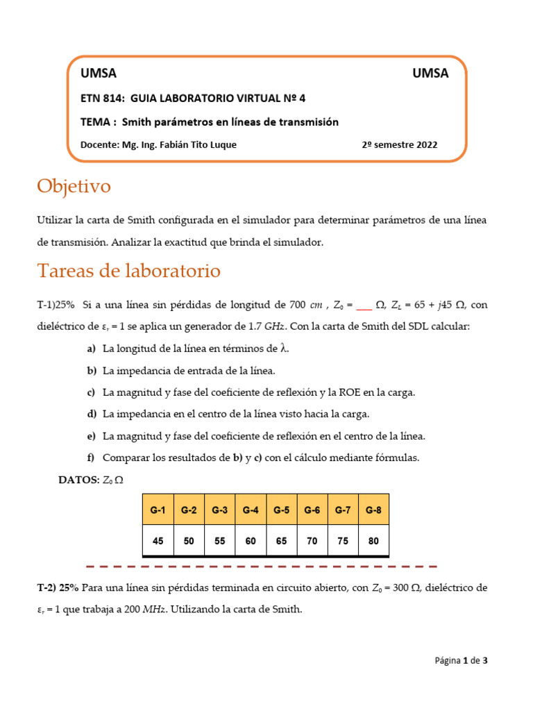 Parámetros de Líneas de Transmisión con Carta de Smith | PDF | Ingeniería en telecomunicaciones ...