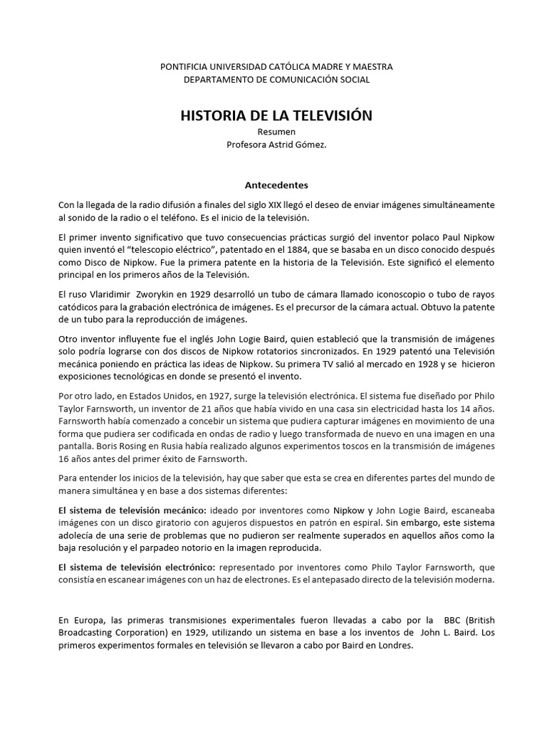 Historia de la Televisión: Orígenes y Evolución | PDF | Televisión ...