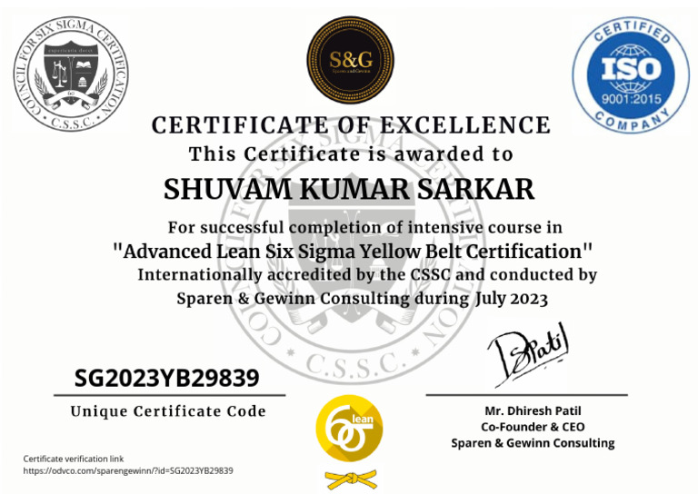 Six Sigma - Yellow Belt Certificate | PDF
