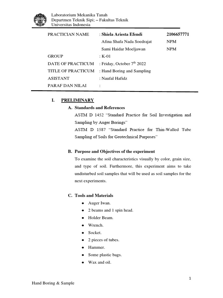 Hand Boring Practicum Report - Soil Mechanics | PDF | Physical Sciences ...