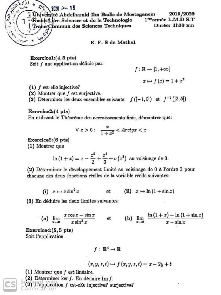 Sujet Et Corrigé de L'examen Math 1 st1 Univ Mostaganem 2020 | PDF