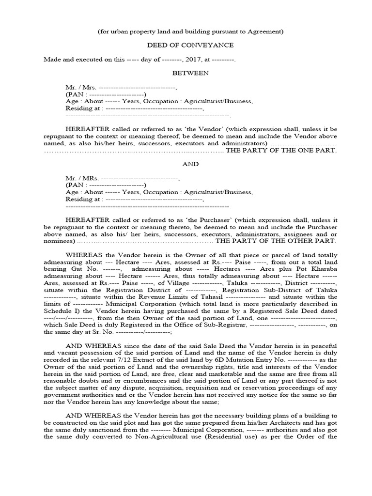 14 Deed Of Conveyance For Urban Property Land And Building Pursuant To