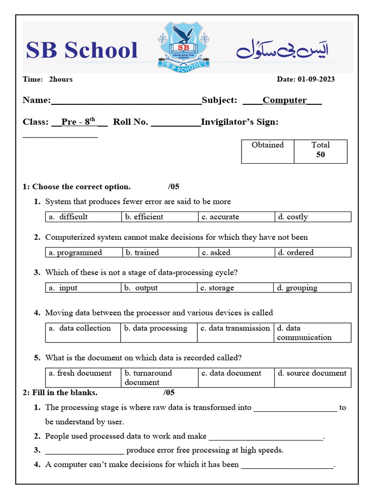 Pre 8 Computer First Term 2023 Paper | PDF | Data | Input/Output