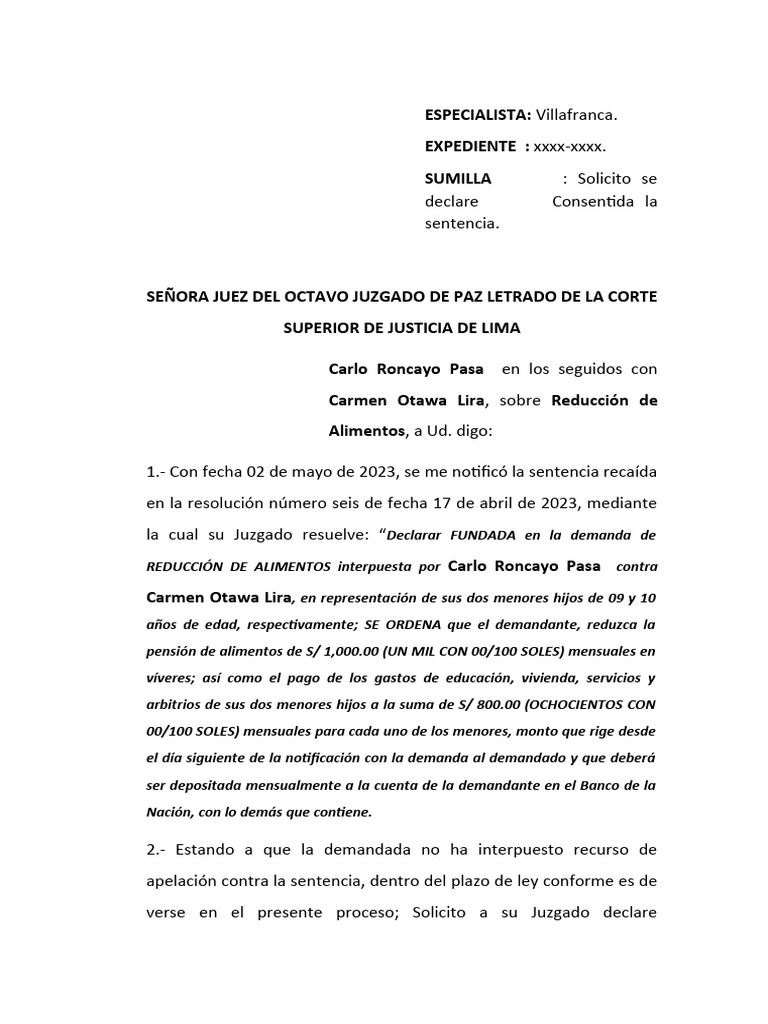 Escrito Solicitando Consentimiento de Sentencia | PDF