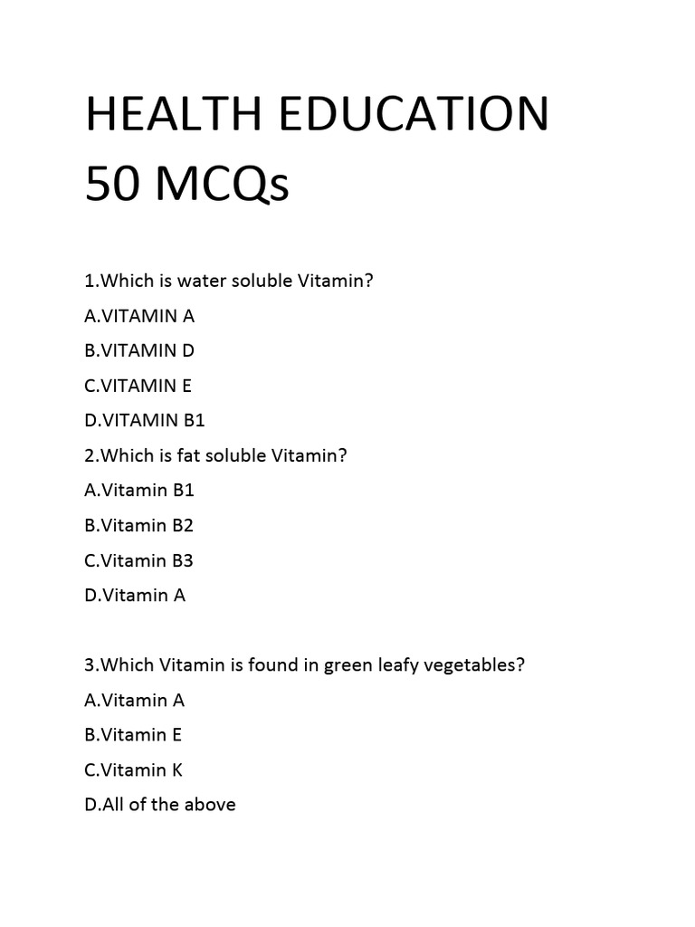 Health Education MCQs and Answers | PDF | Fat | Vitamin
