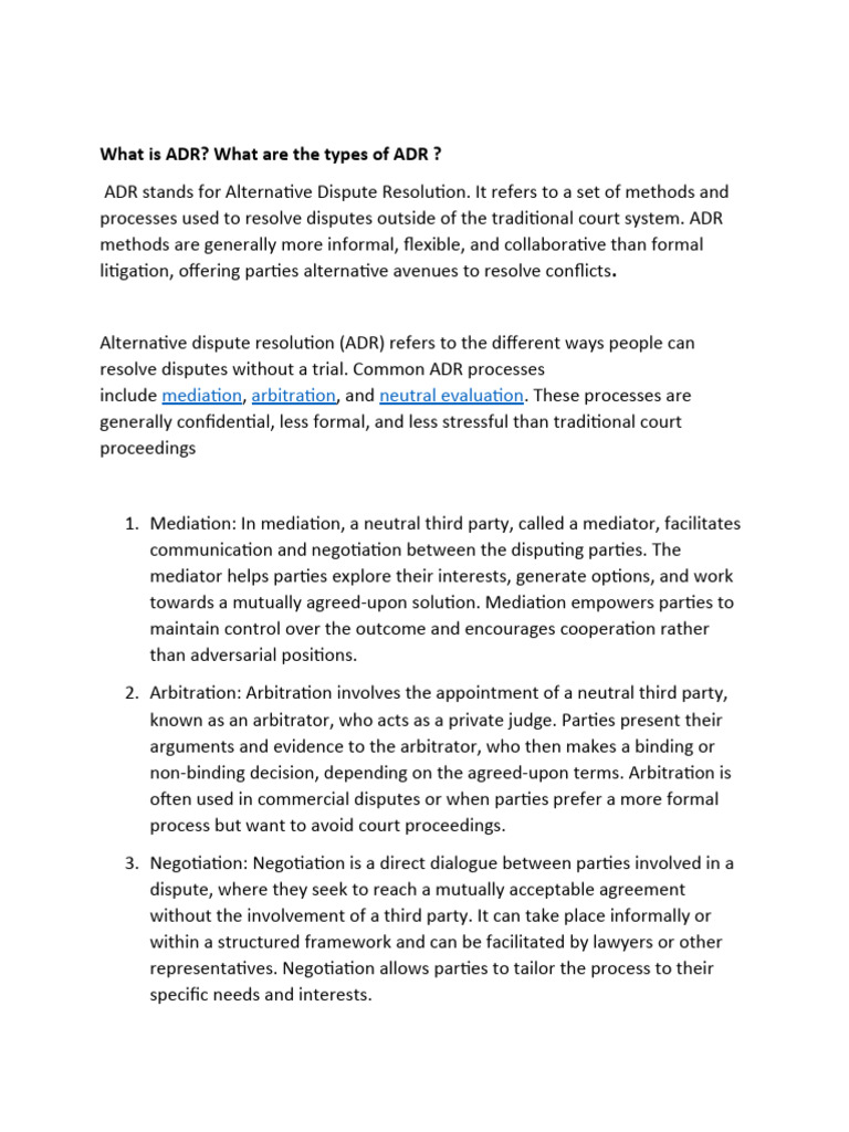 What Is ADR? What Are The Types of ADR ?: Mediation Arbitration Neutral ...