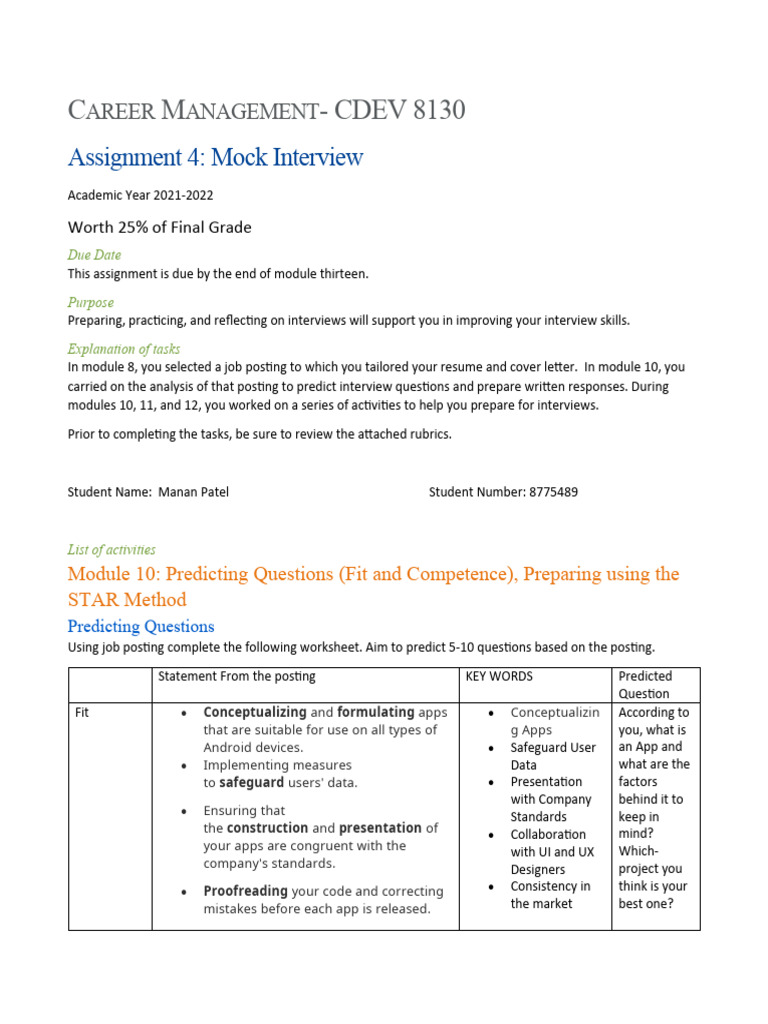 CDEV8130 Career Management Assignment 4 - Mock Interview | PDF | Android (Operating System ...