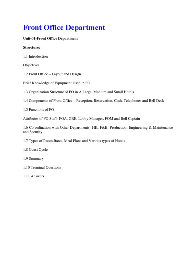 Front Office Department Structure and Layout | PDF | Franchising | Hotel