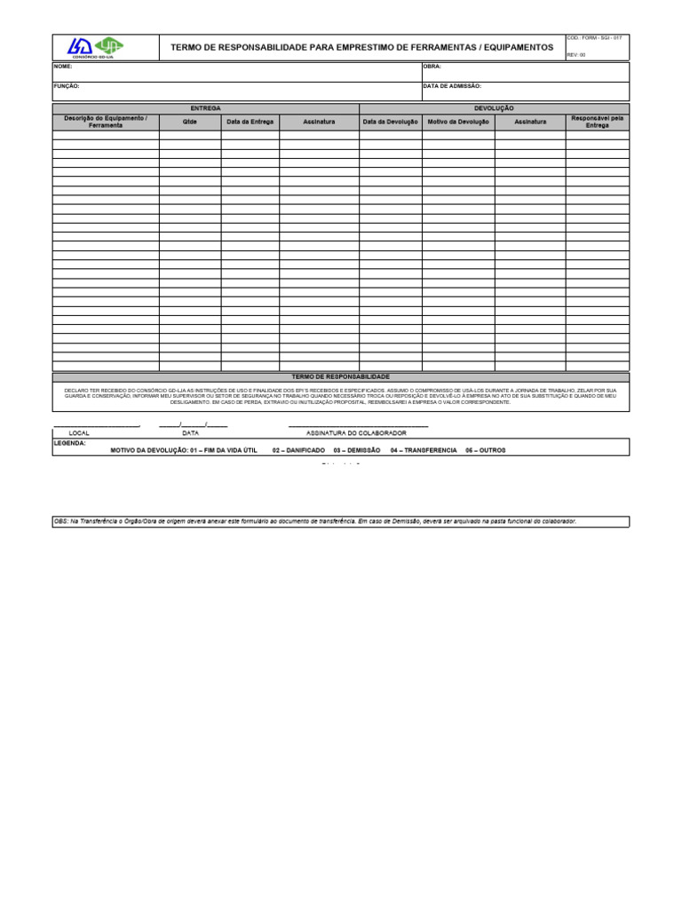 Form - Sup - 018 - Termo de Responsabilidade para Emprestimo de ...