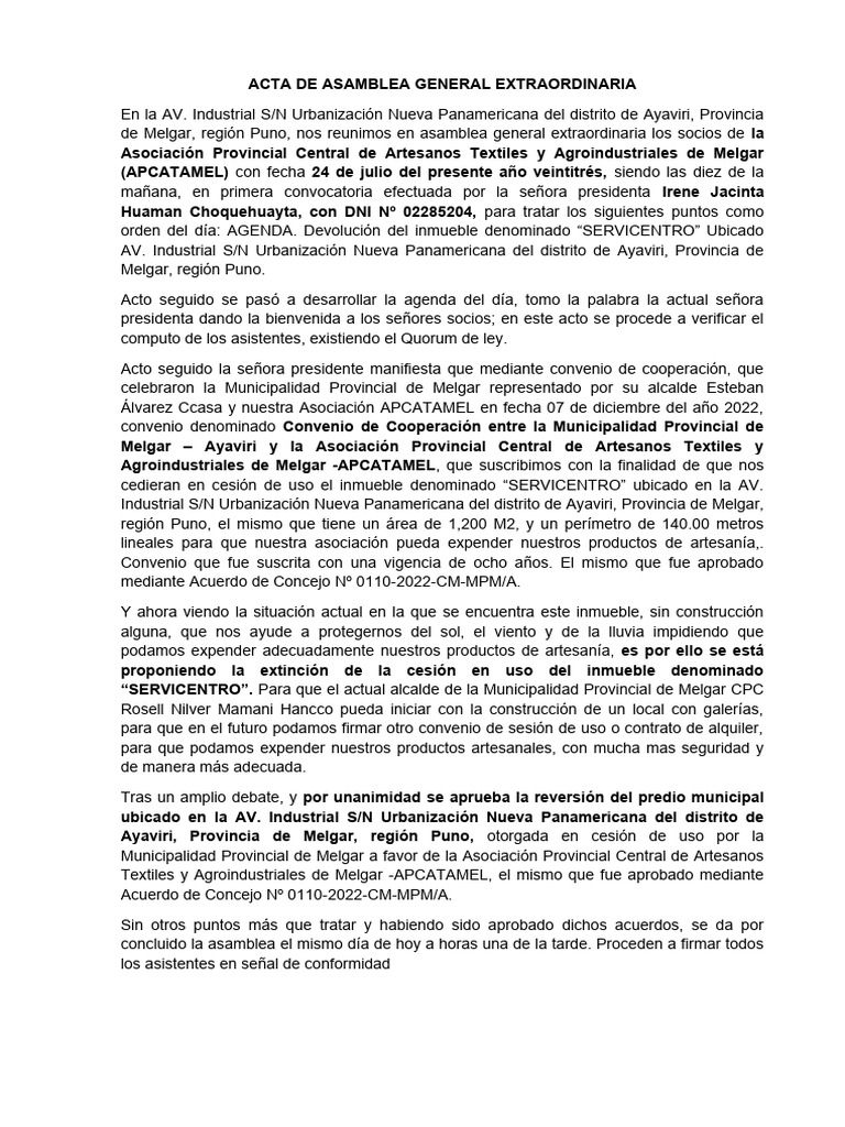 Acta de Asamblea General Extraordinaria | PDF | Gobierno