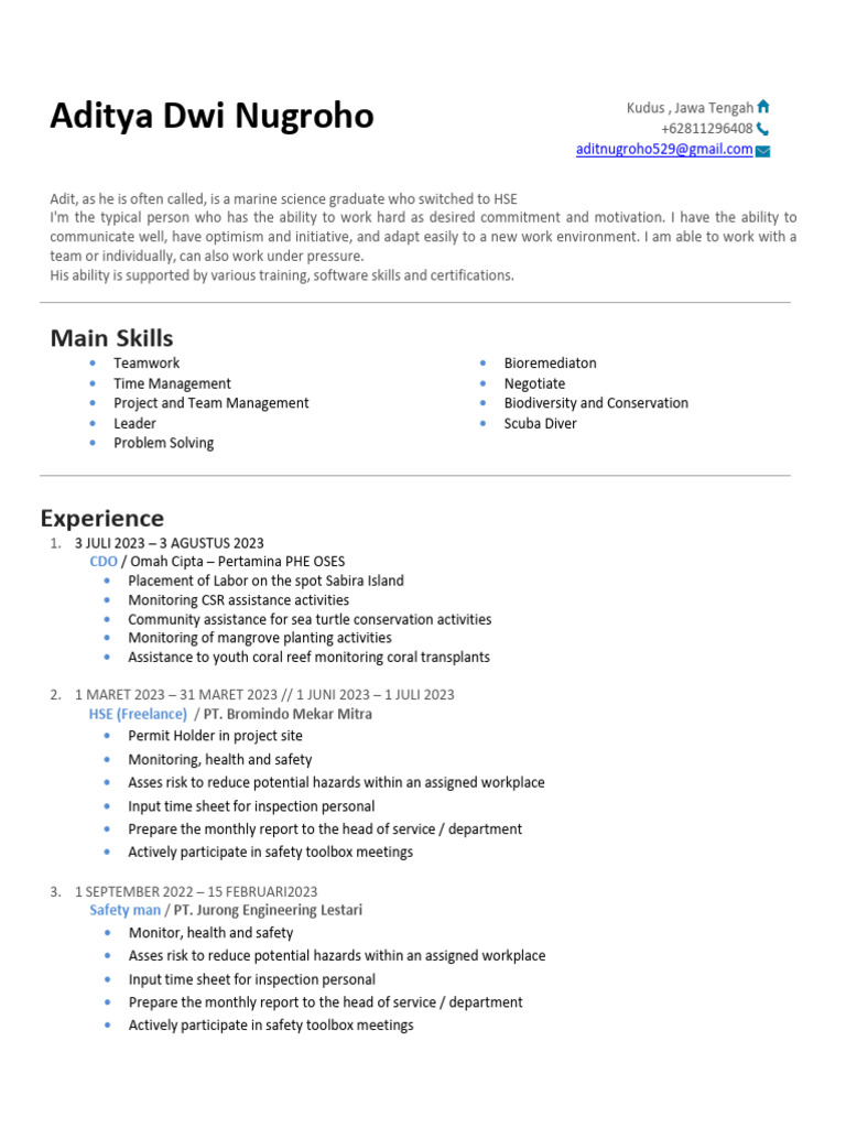 CV - Aditya Dwi Nugroho | PDF | Underwater Diving CV - Aditya Dwi Nugroho | PDF | Underwater Diving