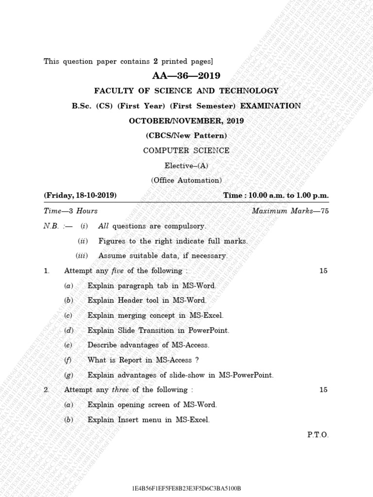 BSC 1 Sem Cs Office Automation Aa 36 Nov 2019 | PDF