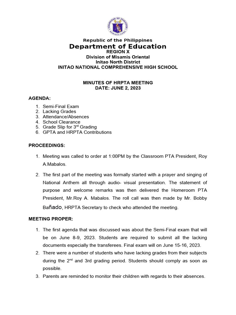 HRPTA Minutes 1 | PDF