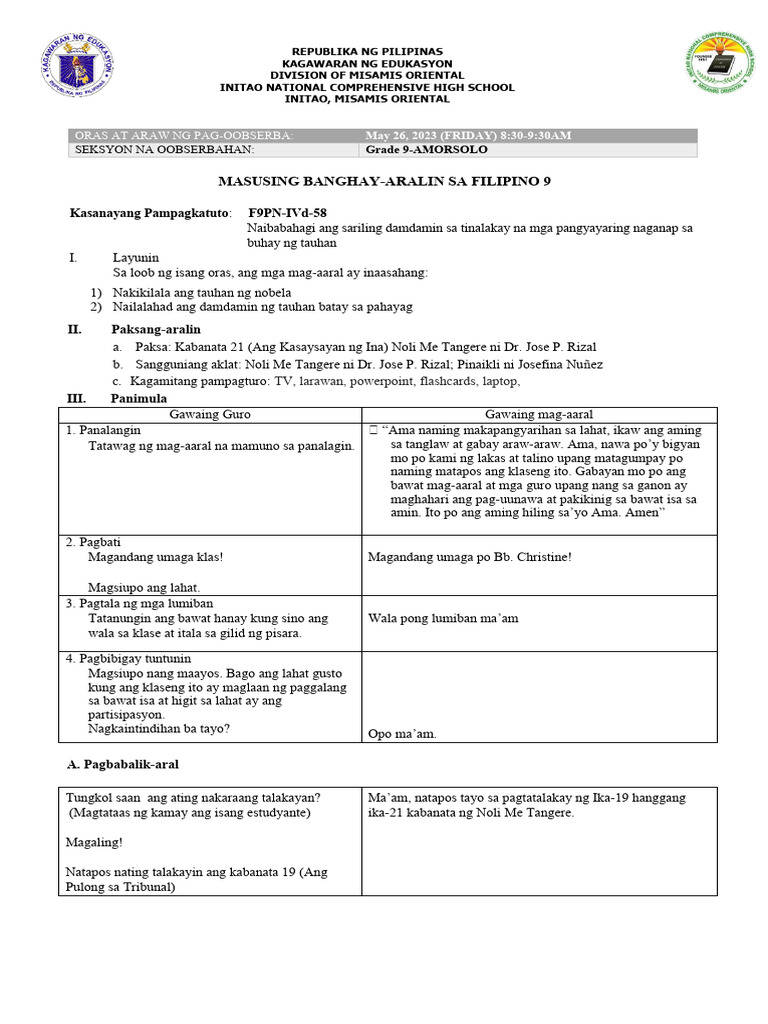 FILIPINO 9 DLP (4th Quarter) | PDF