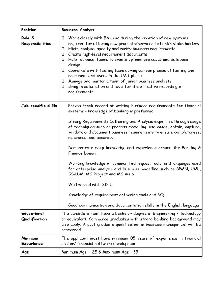 Position Business Analyst Role & Responsibilities | PDF | Use Case | Software Engineering
