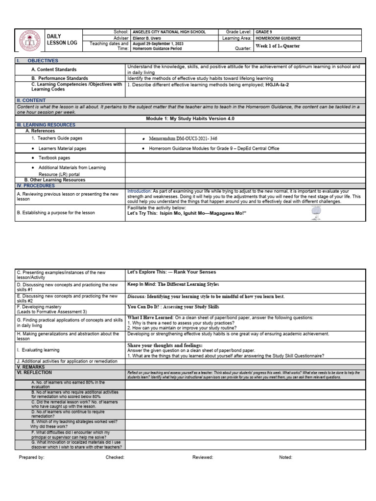 HG - DLL - Module 1 - AUG-22-26-2022 | PDF | Learning | Learning Styles