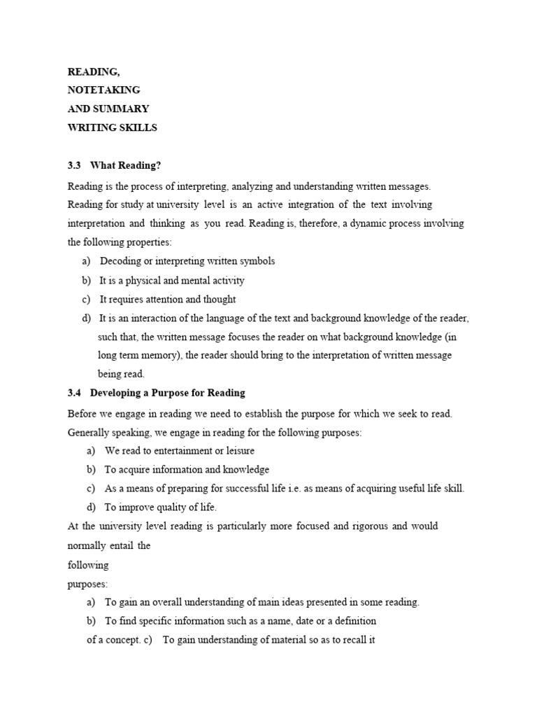Reading, Note Taking and Summarization Skills | Download Free PDF ...