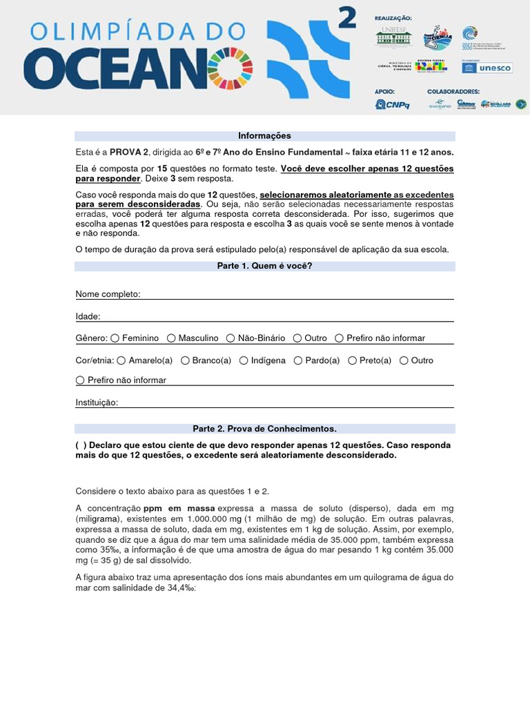 O2 2023 - PROVA 2 (6 e 7 Ano) | PDF | Recife de corais | Mar