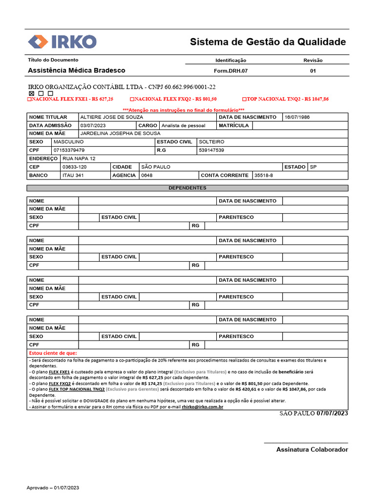 Form.DRH.07 - Inclusão Assistência Médica altiere | PDF