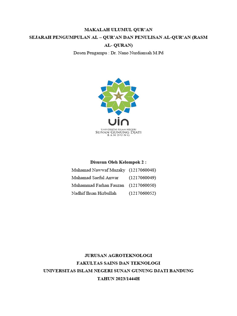 Paper - Kelompok 2 - Sejarah Pengumpulan Al-Qur'an Dan Penulisan Al - Qur'an (Rasm Al-Qur'an ...