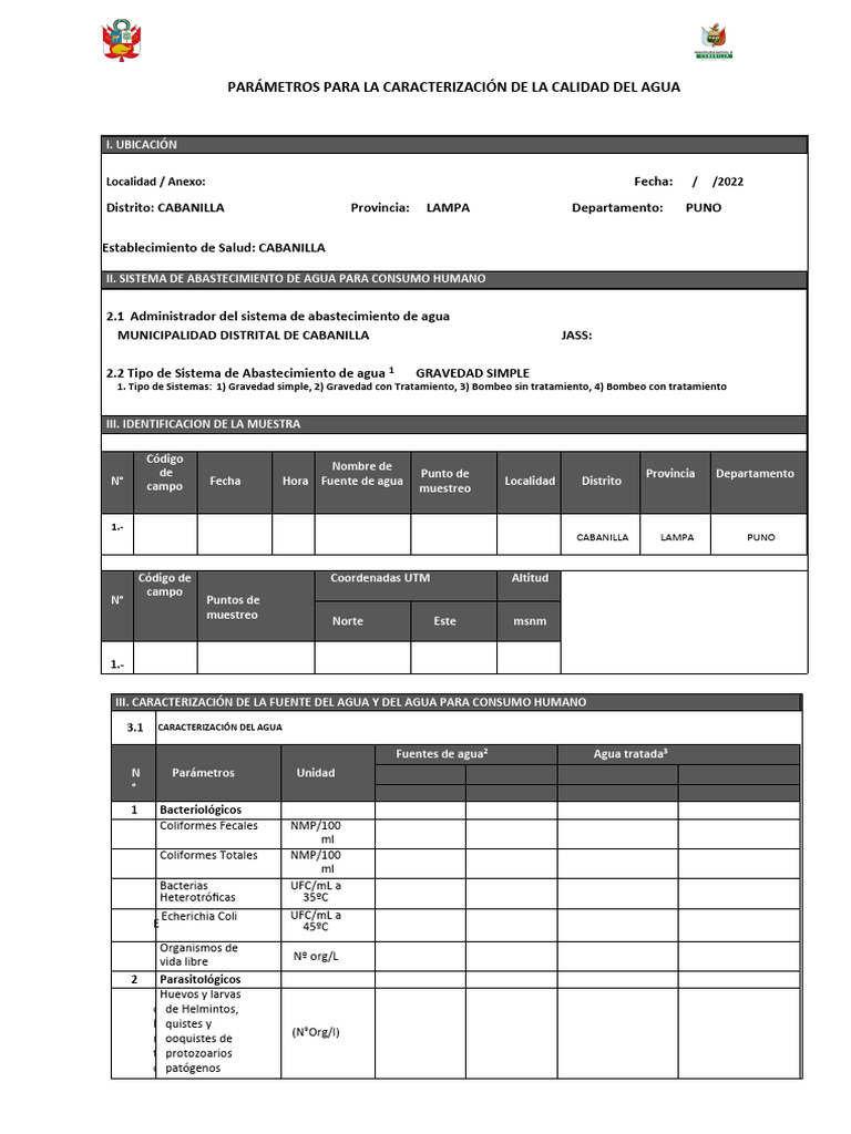 Formato Parámetros para La Caracterización de La Calidad Del Agua 2022 | PDF | Química ...