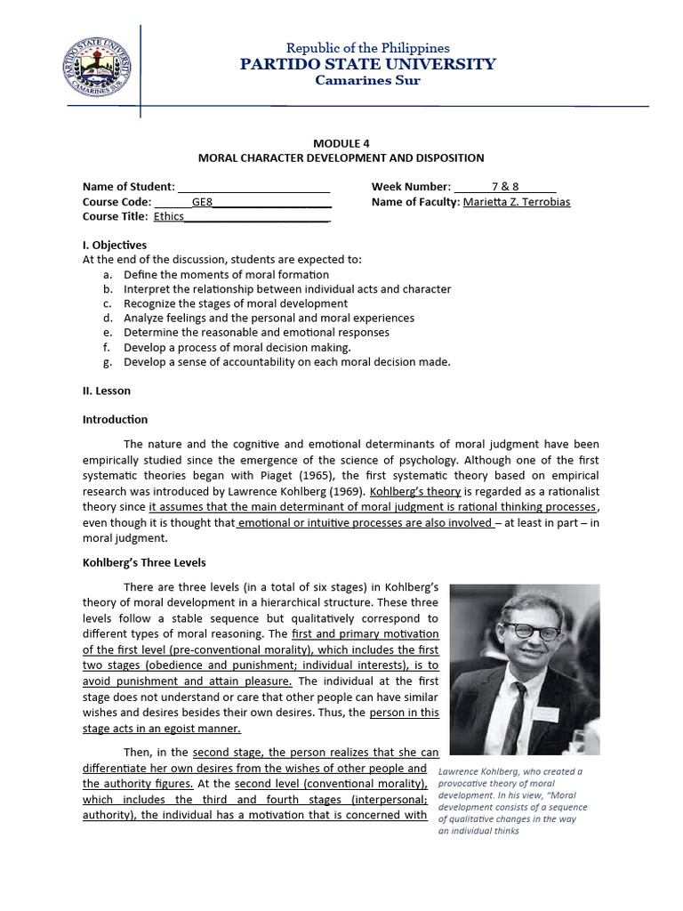 4 MORAL CHARACTER DEVELOPMENT AND DISPOSITION Week 7 8 | PDF | Morality ...