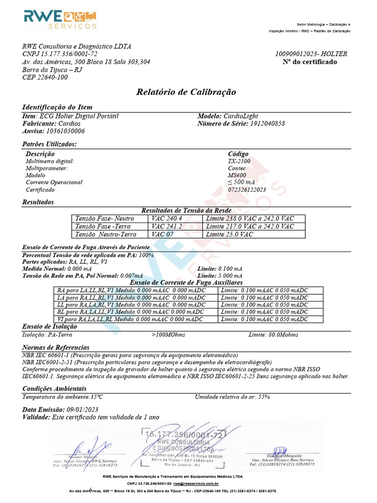 Certificado Calibração Holter CardioLight SN 1912040858 Clinica Amor ...
