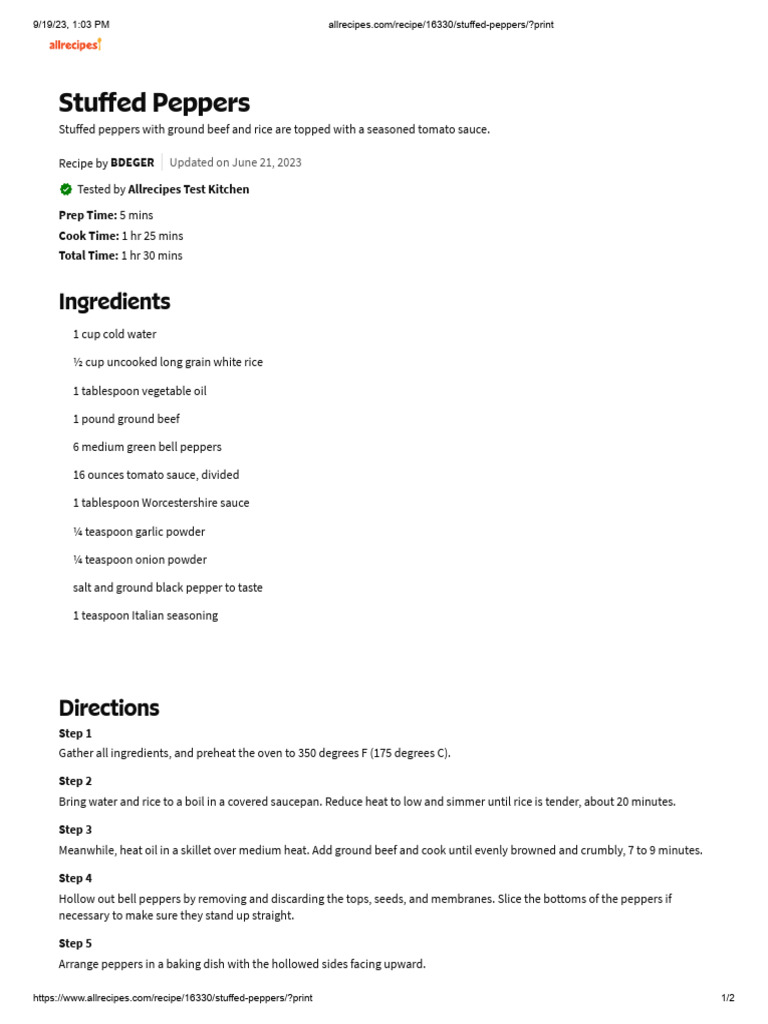 Stuffed Peppers | PDF | Teaspoon | Bell Pepper