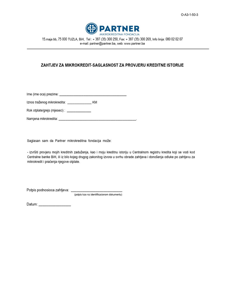 O-A3!1!50-3 Zahtjev Za Mikrokredit-Saglasnost Za Provjeru Kreditne Istorije | PDF