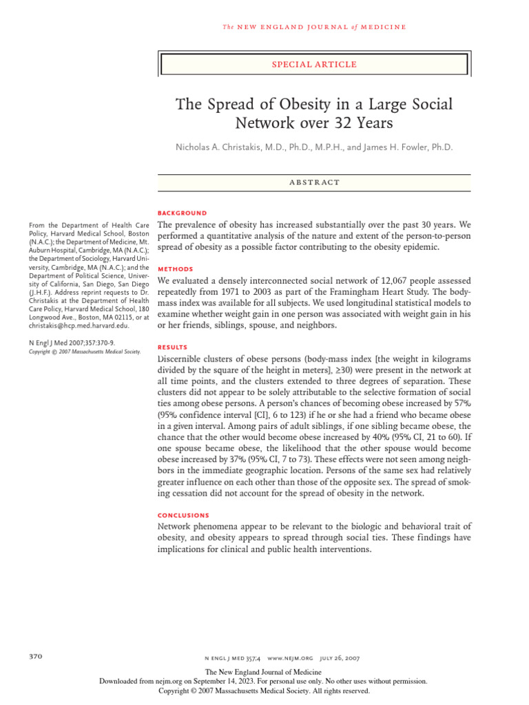 The Spread of Obesity in A Large Social Network Over 32 Years | PDF | Obesity | Confidence Interval