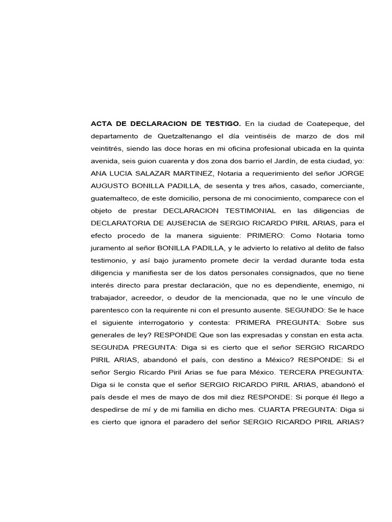 Acta De Declaracion De Testigo 2 Pdf