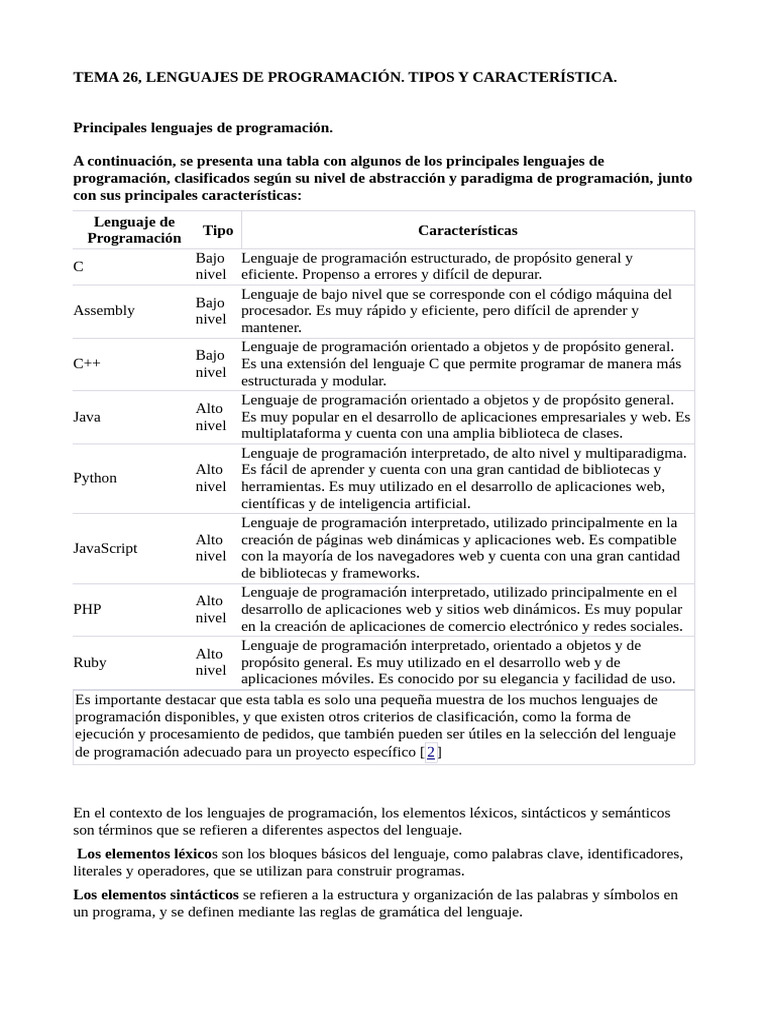 Tema 26 Lenguajes de Programación Tipos y Características | PDF ...
