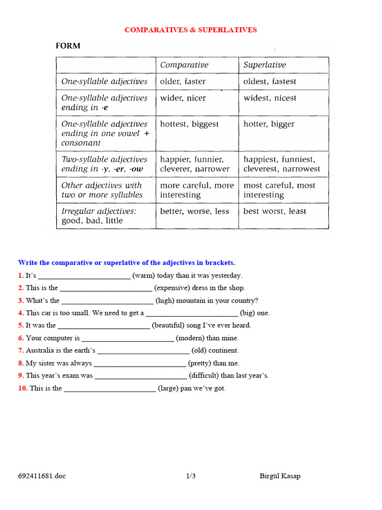 COMPARATIVES AND SUPERLATIVES - Exercises | PDF | Linguistic Morphology | Language Mechanics