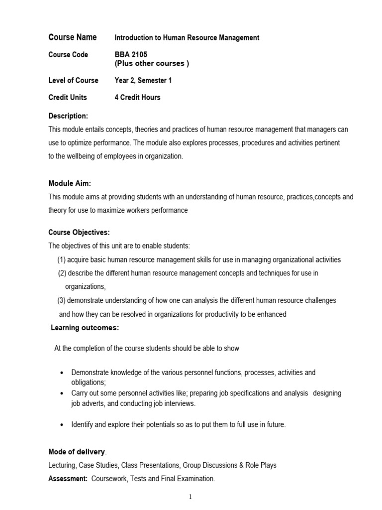 Introduction To Human Resource Management Course Outline | PDF | Human ...