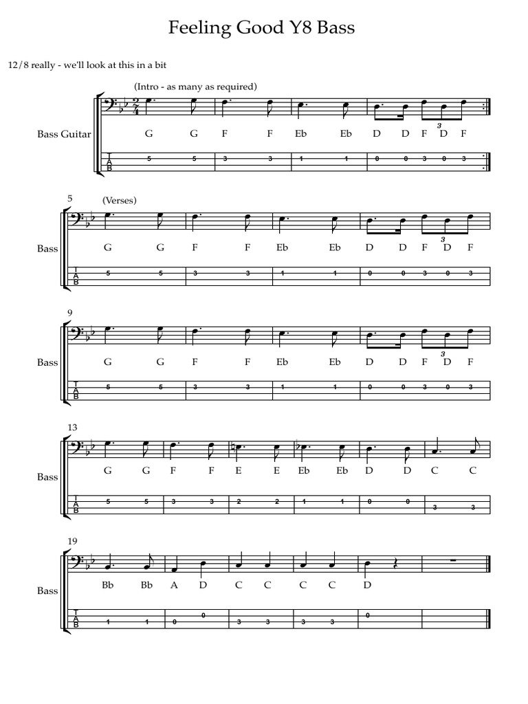 Feeling Good Y8 Bass TAB - Full Score | PDF