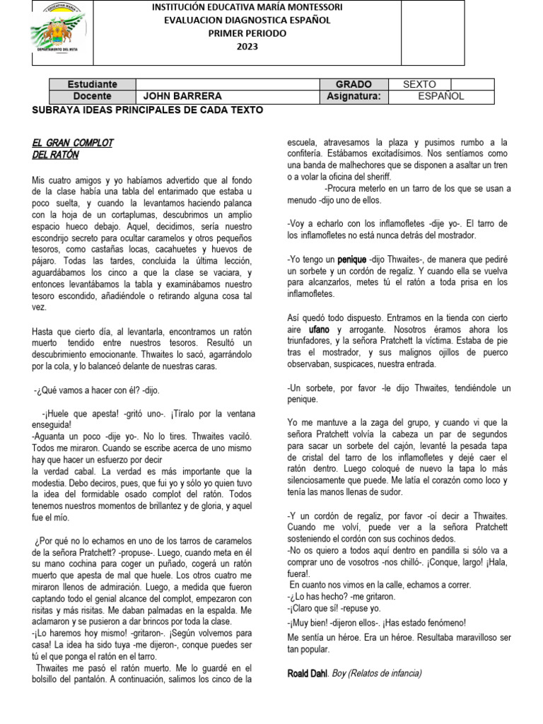 6 Prueba Diagnostica Español 1 Periodo | PDF | Adverbio | Lingüística