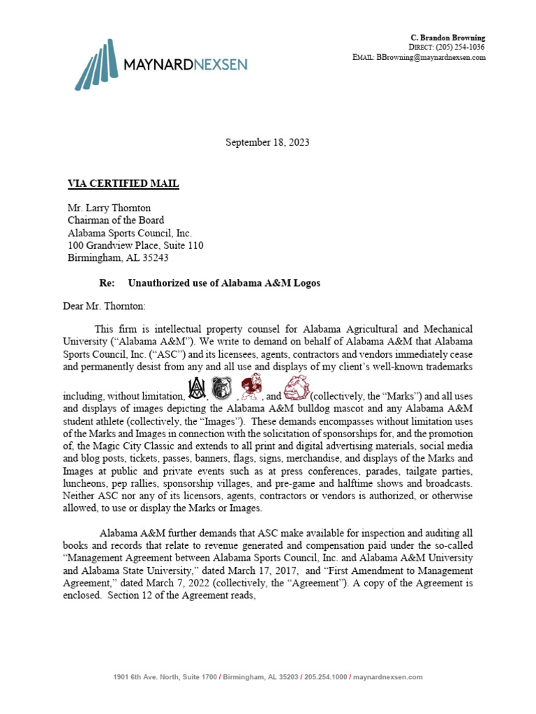 Alabama A&M MCC Cease-and-Desist Letter | PDF | Business | Business Law