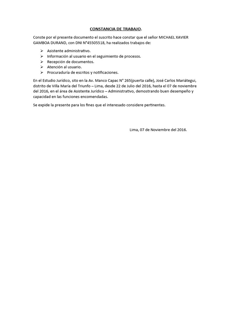 Constancia de Trabajo de Michael Gamboa | PDF | Crecimiento personal y ...