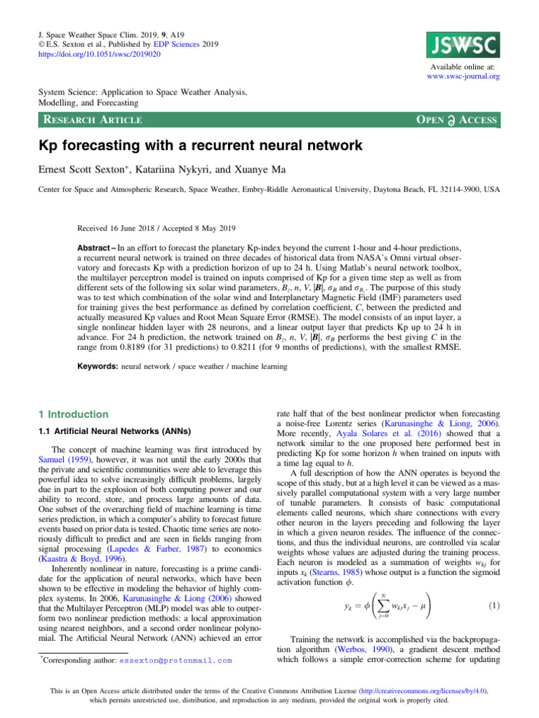Kp Forecasting With A Recurrent Neural Network Pdf Solar Wind