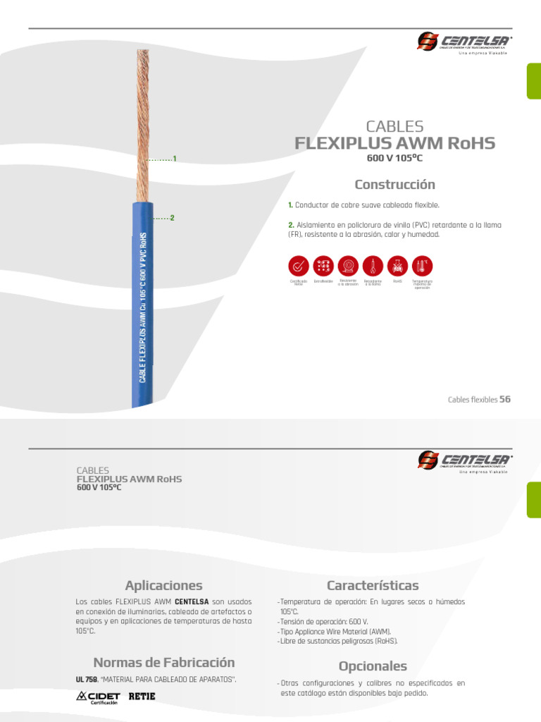 CABLE FLEXIPLUS AWM Rosh | PDF | Física Aplicada e Interdisciplinaria ...
