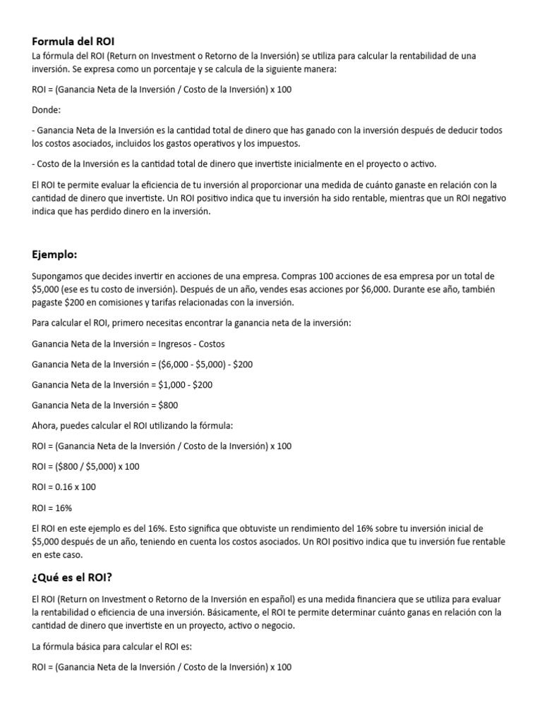 Fórmula del ROI en Finanzas | PDF | Retorno de la inversión ...