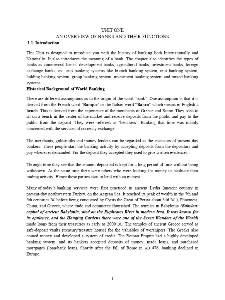 Unit One Introduction To Banking Principle And Practice Pdf Banks