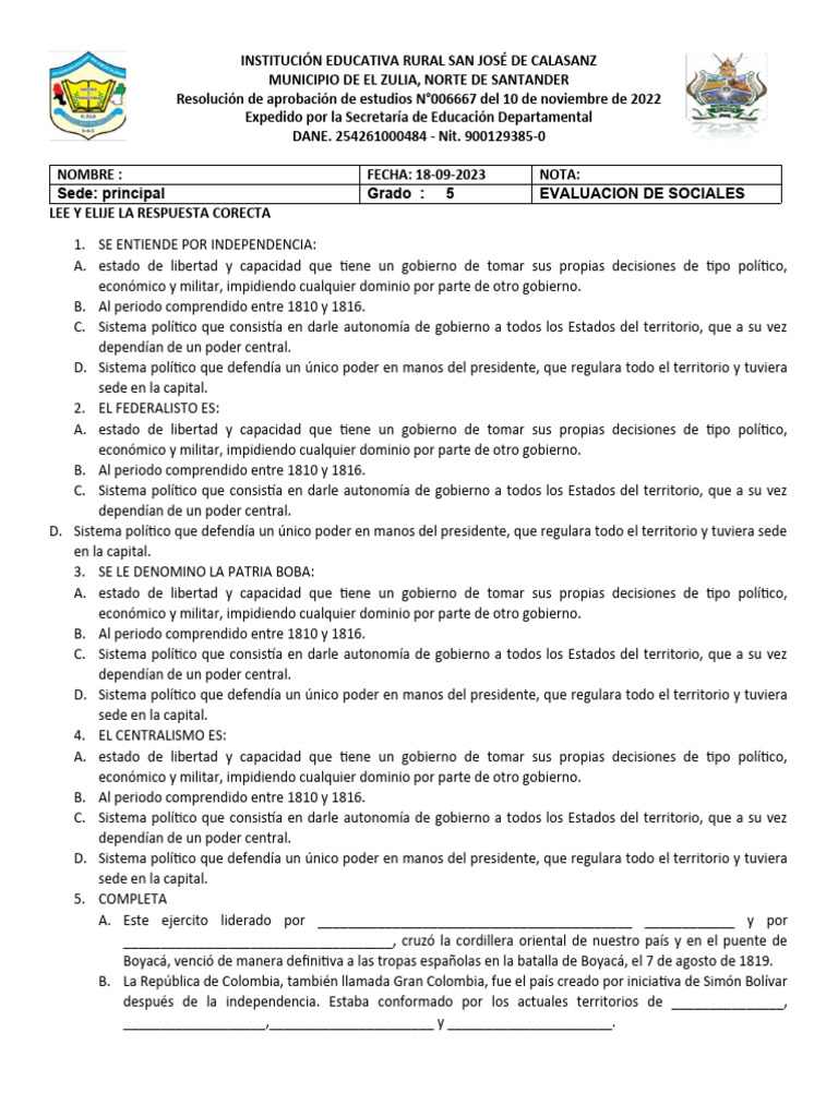 EVALUACION Grado 5° | PDF | América del Sur