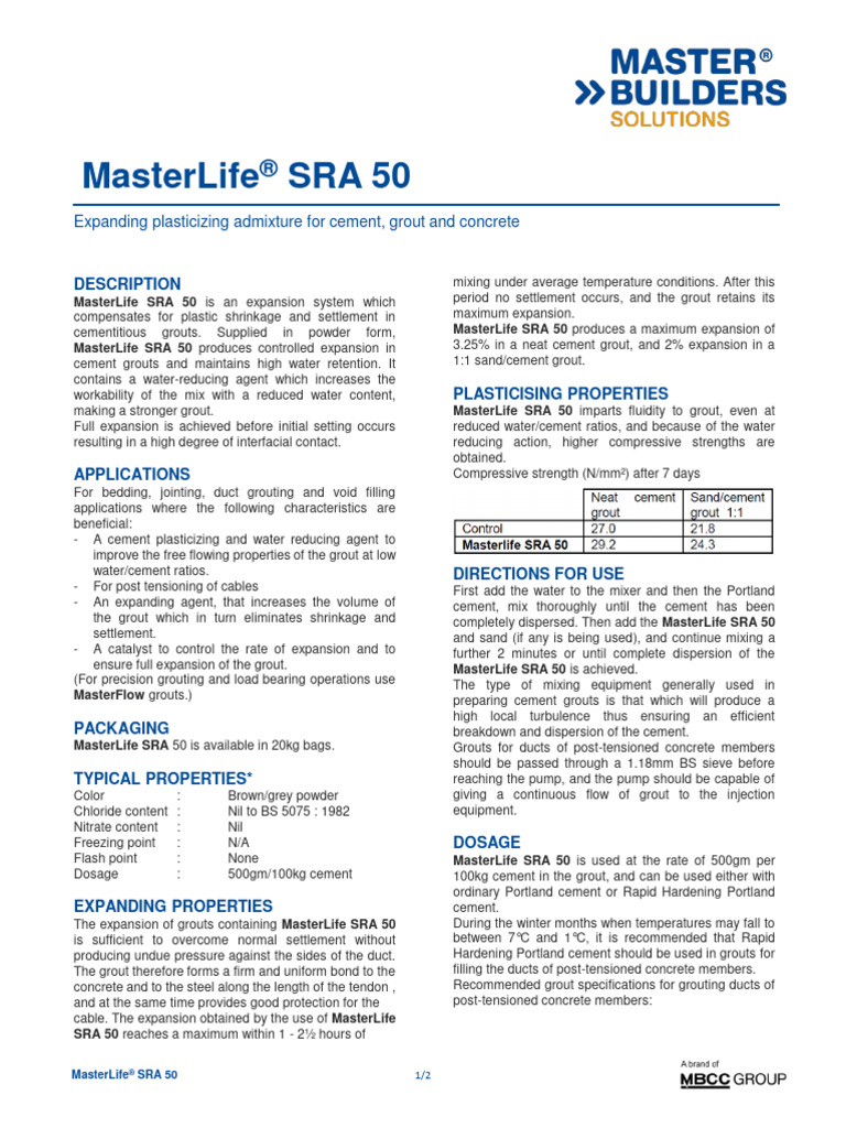 Masterlife Sra 50 - Tds | Download Free PDF | Concrete | Cement