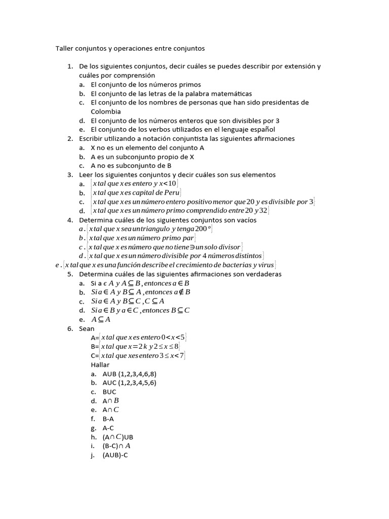 Taller Conjuntos y Operaciones Entre Conjuntos | PDF | Conjunto (Matemáticas) | Objetos matemáticos