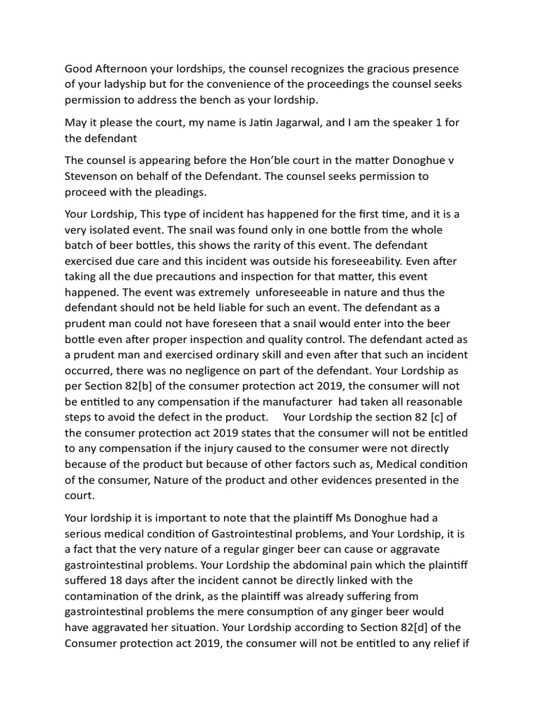 Donoghue v Stevenson Case Defense Argument | PDF | Negligence | Justice