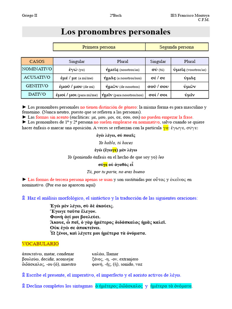 Pronombres Personales. Ejercicios Repaso | PDF