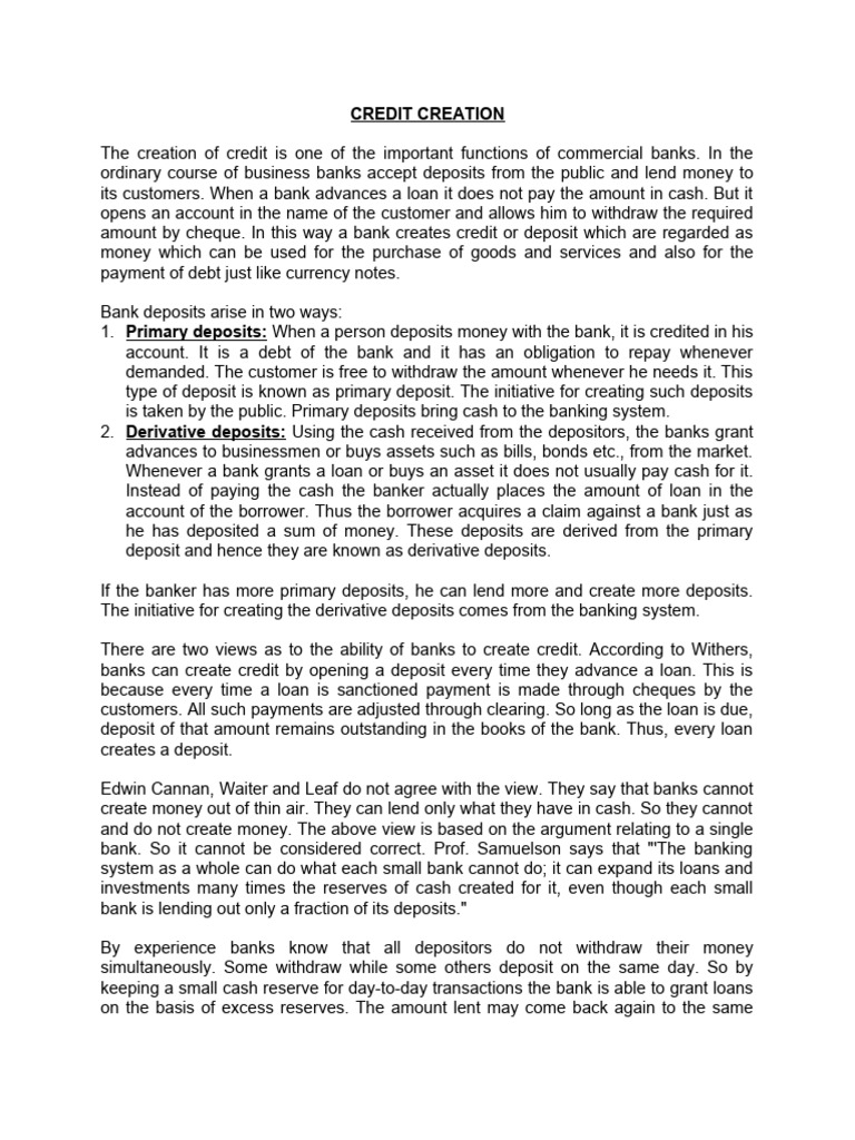 Credit Creation | PDF | Banks | Deposit Account